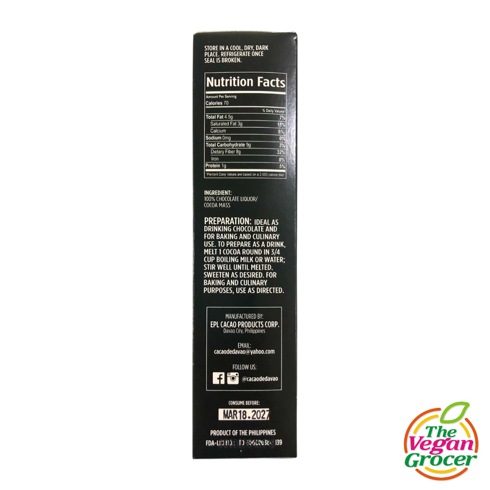 Cacao de Davao Premium Tablea Unsweetened 165g 10pcs (gluten-free, no ...